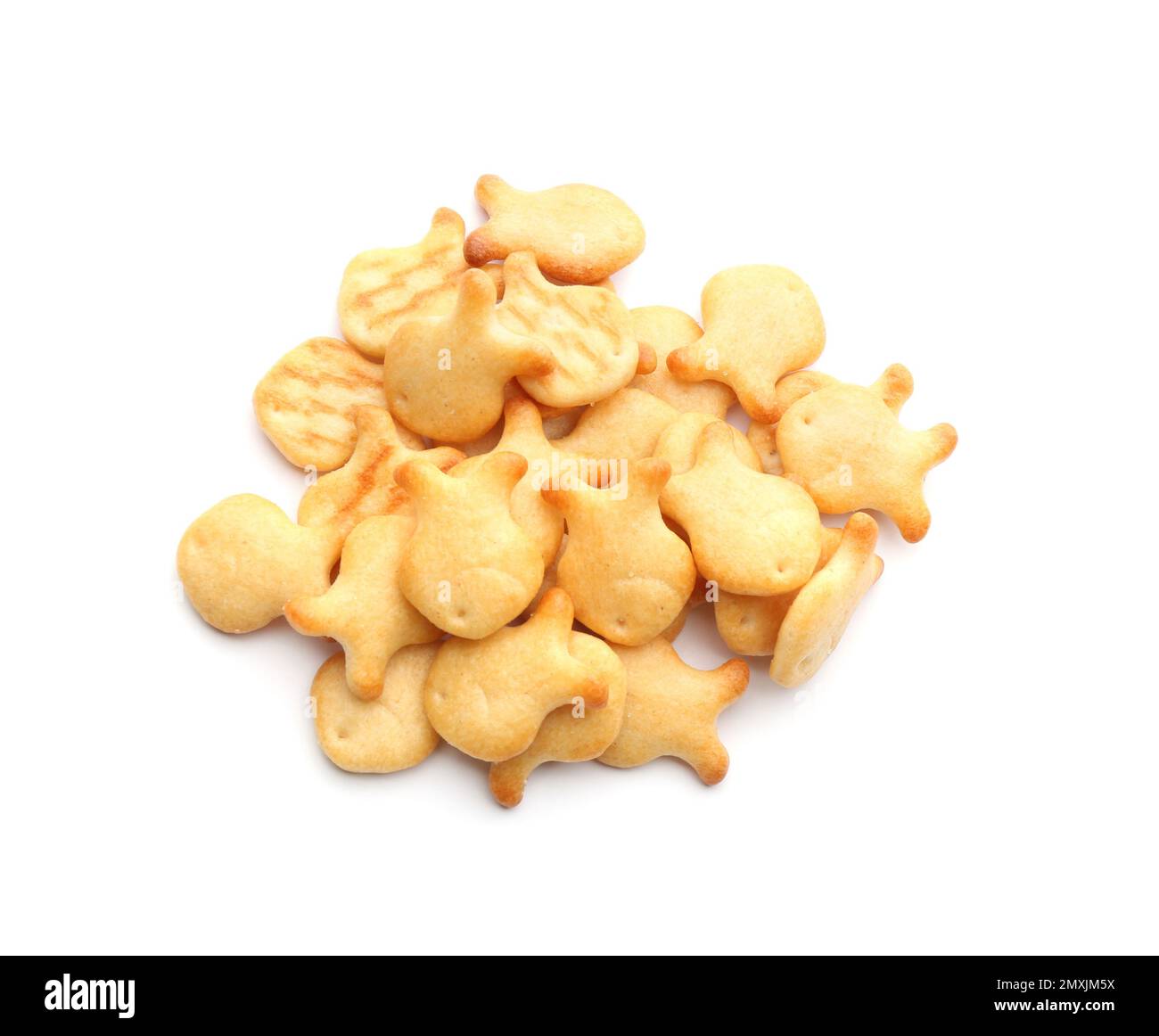 Delicious crispy goldfish crackers on white background, top view Stock ...