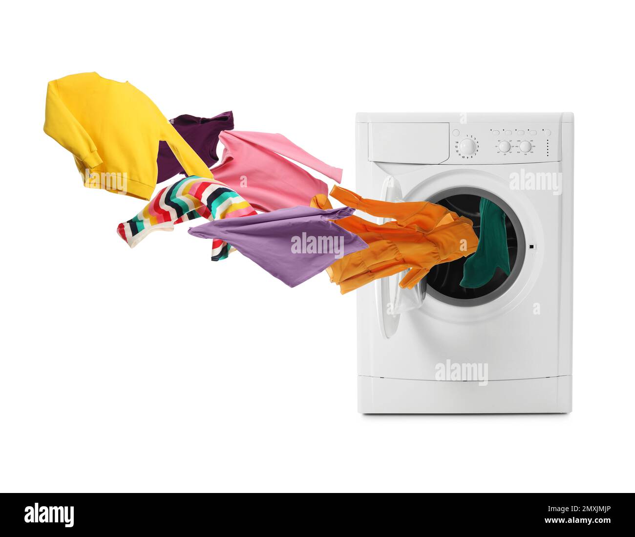 Washing machine and flying clothes on white background Stock Photo - Alamy