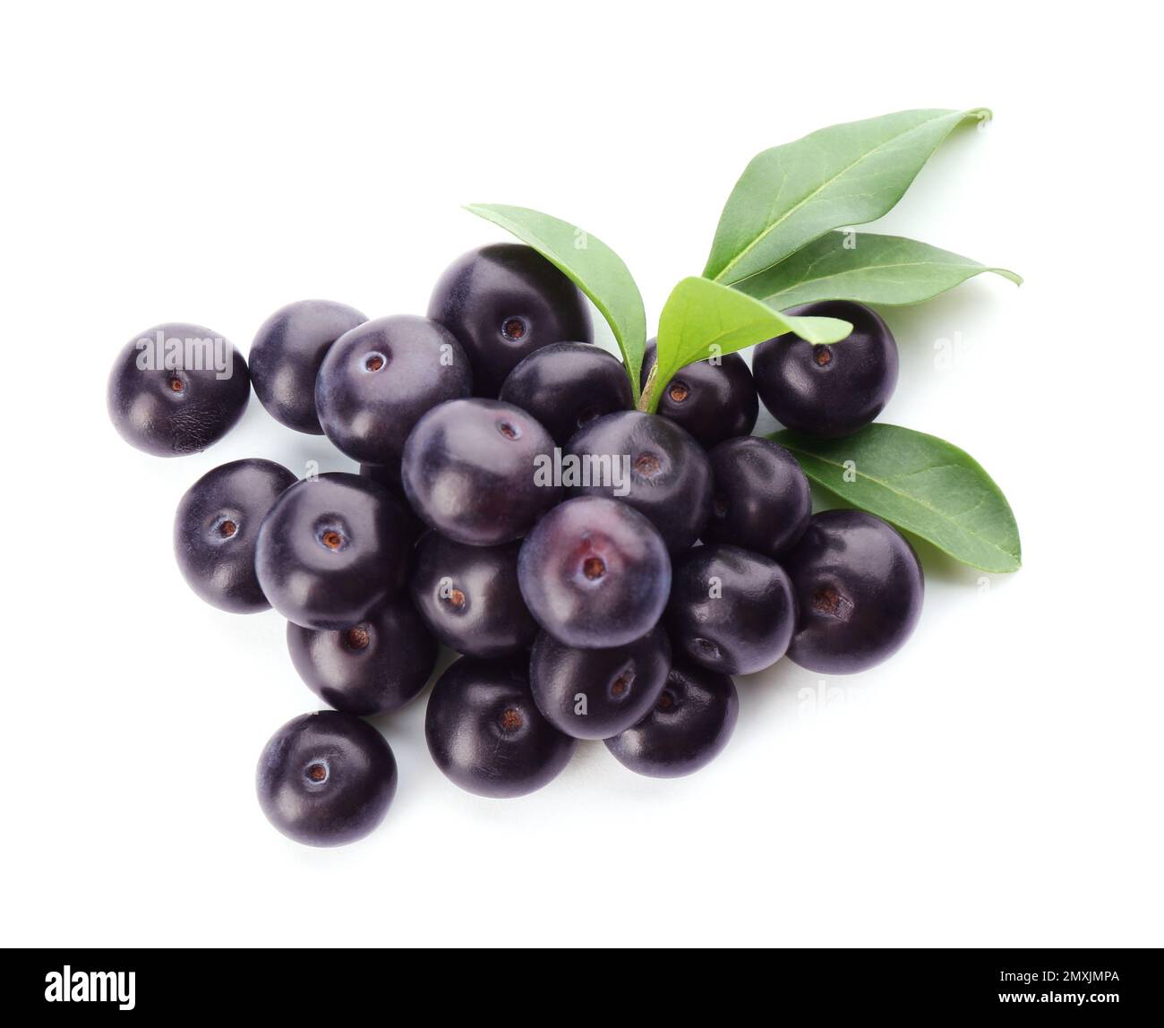 Pile of fresh acai berries with leaves isolated on white, top view ...
