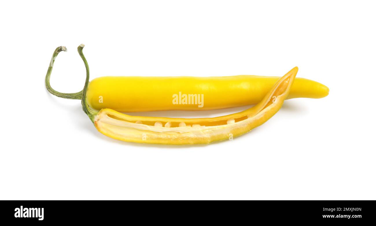 Cut and whole ripe yellow chili peppers isolated on white Stock Photo ...