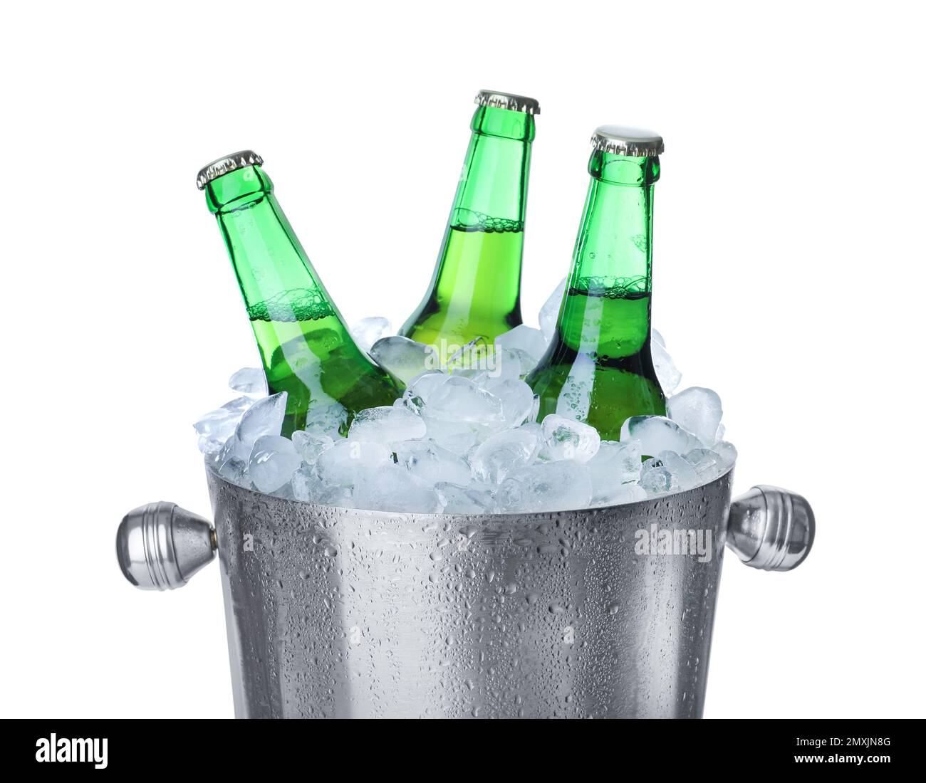 Metal bucket with beer and ice cubes isolated on white Stock Photo - Alamy