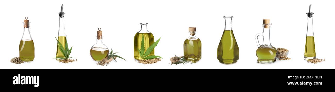 Collage with hemp oil on white background, banner design Stock Photo ...