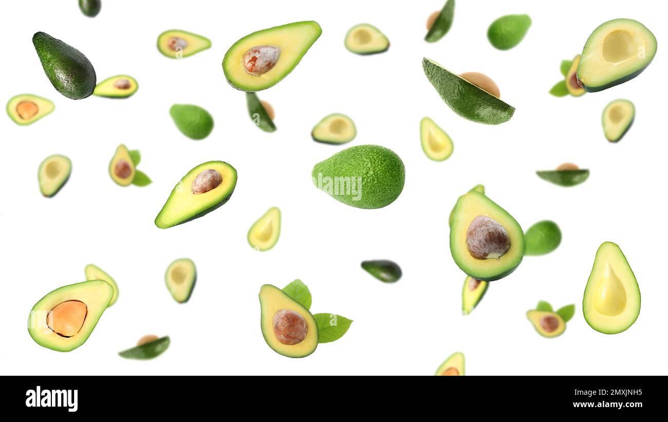 Fresh ripe avocados falling on light background, banner design Stock ...