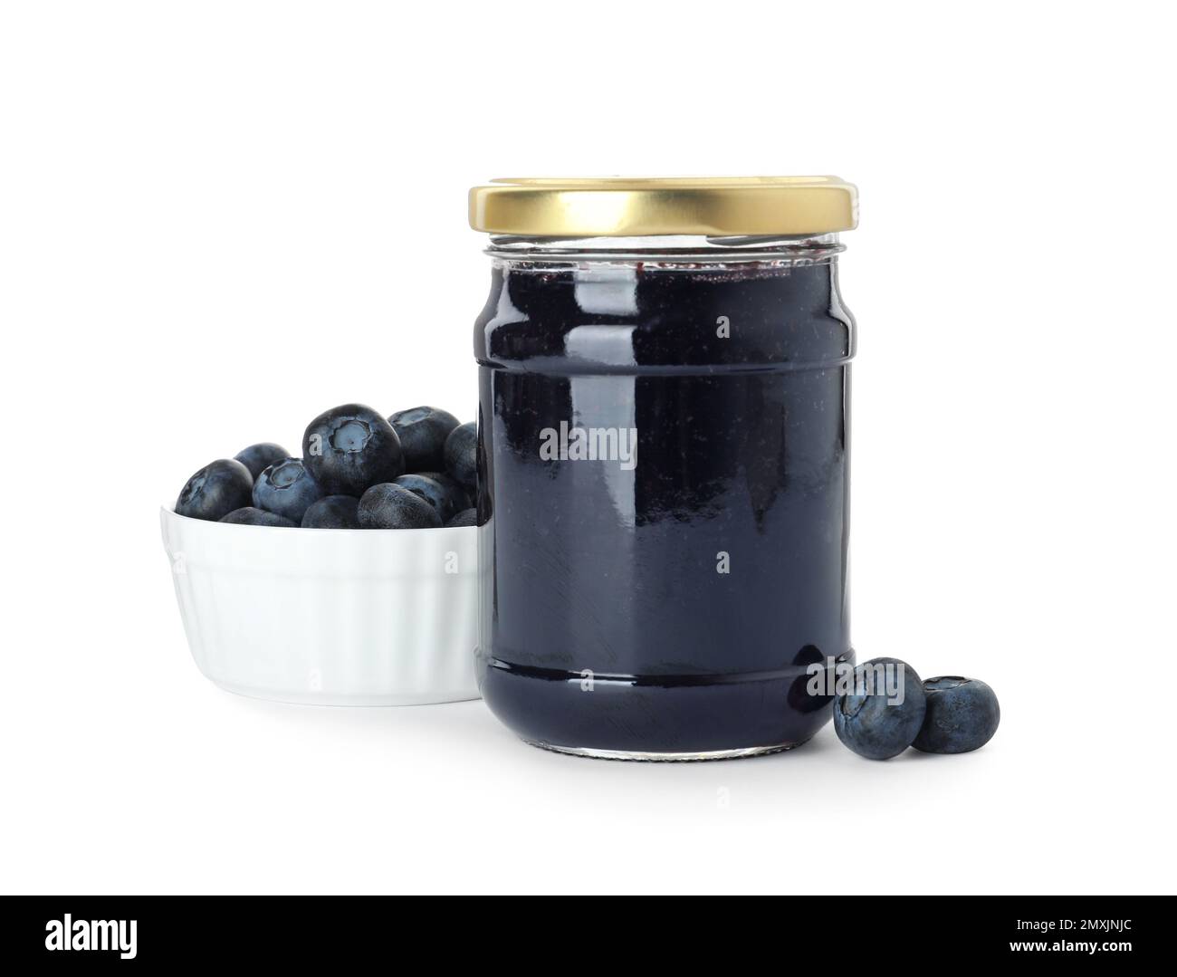 Jar of blueberry jam and fresh berries on white background Stock Photo ...