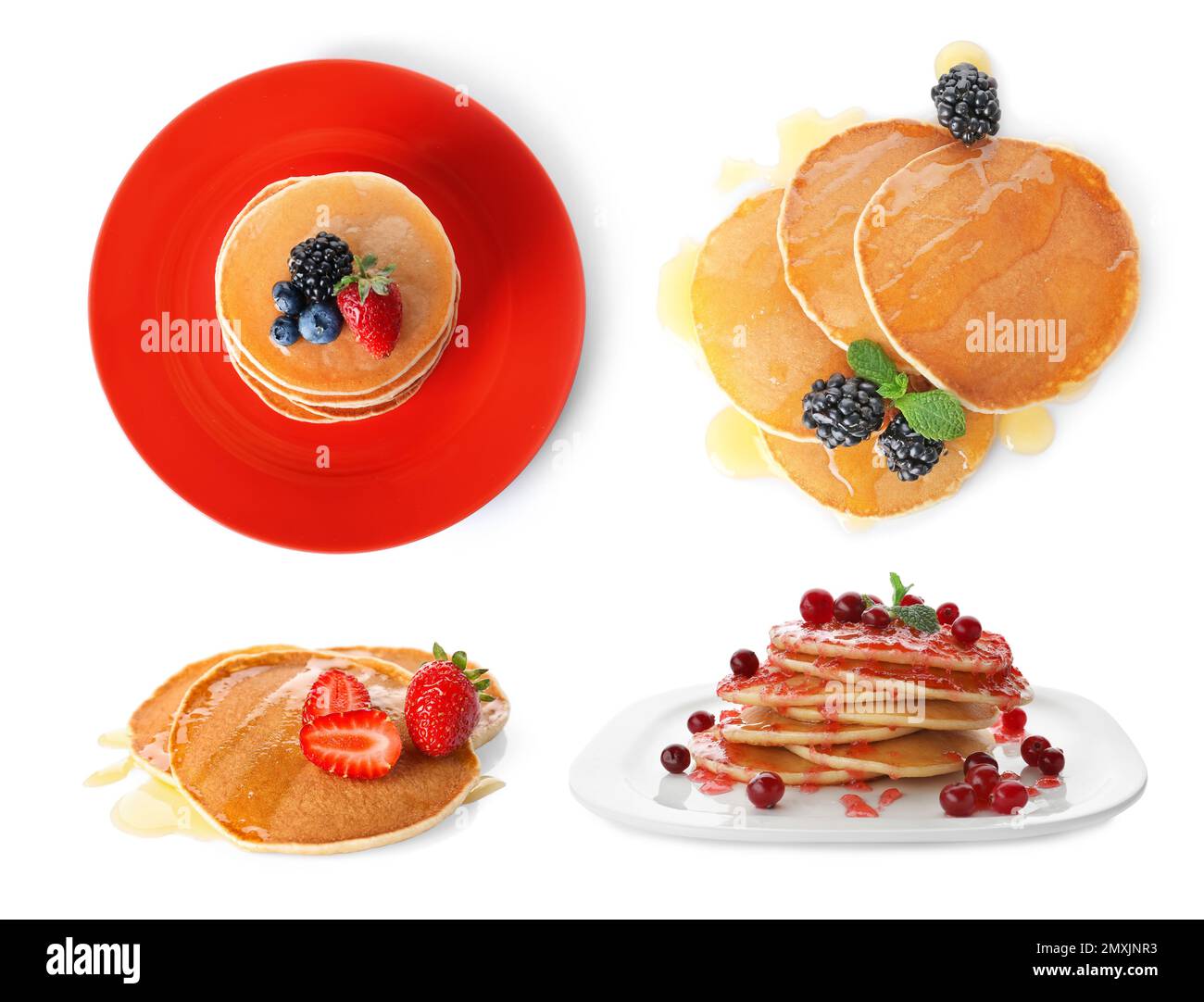Set of delicious pancakes with different toppings on white background ...