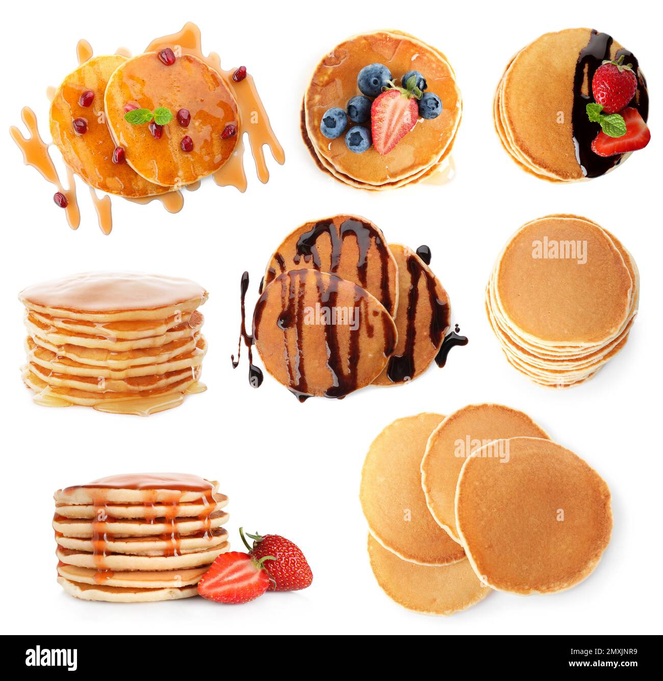Set of delicious pancakes with different toppings on white background ...