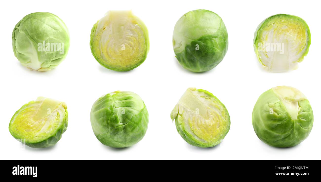 Set of cut and whole Brussels sprouts on white background, banner ...