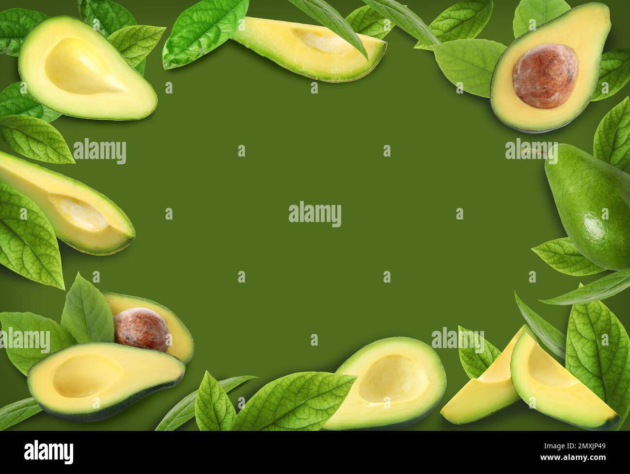 Frame of ripe avocados on green background. Space for text Stock Photo ...