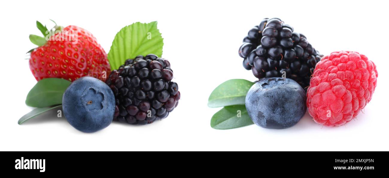 Set of different mixed berries on white background, banner design Stock ...