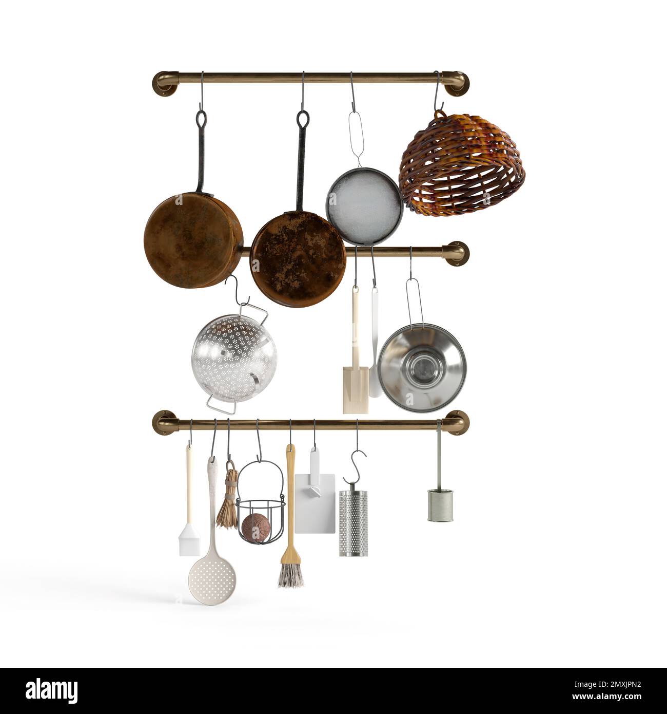A 3D rendering of hanging rack with kitchenware isolated on white ...