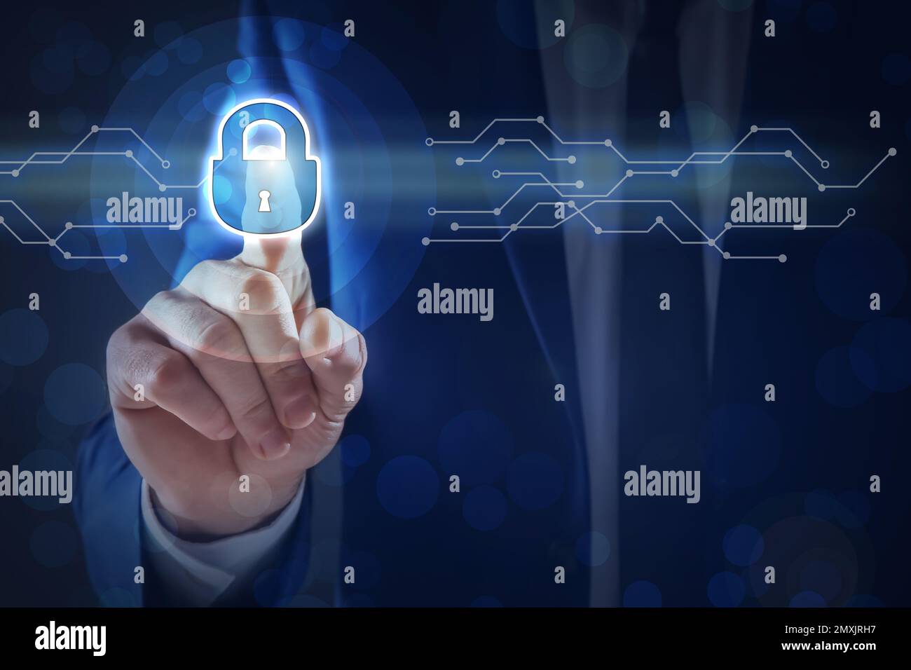 Cyber security concept. Man using virtual screen with padlock ...