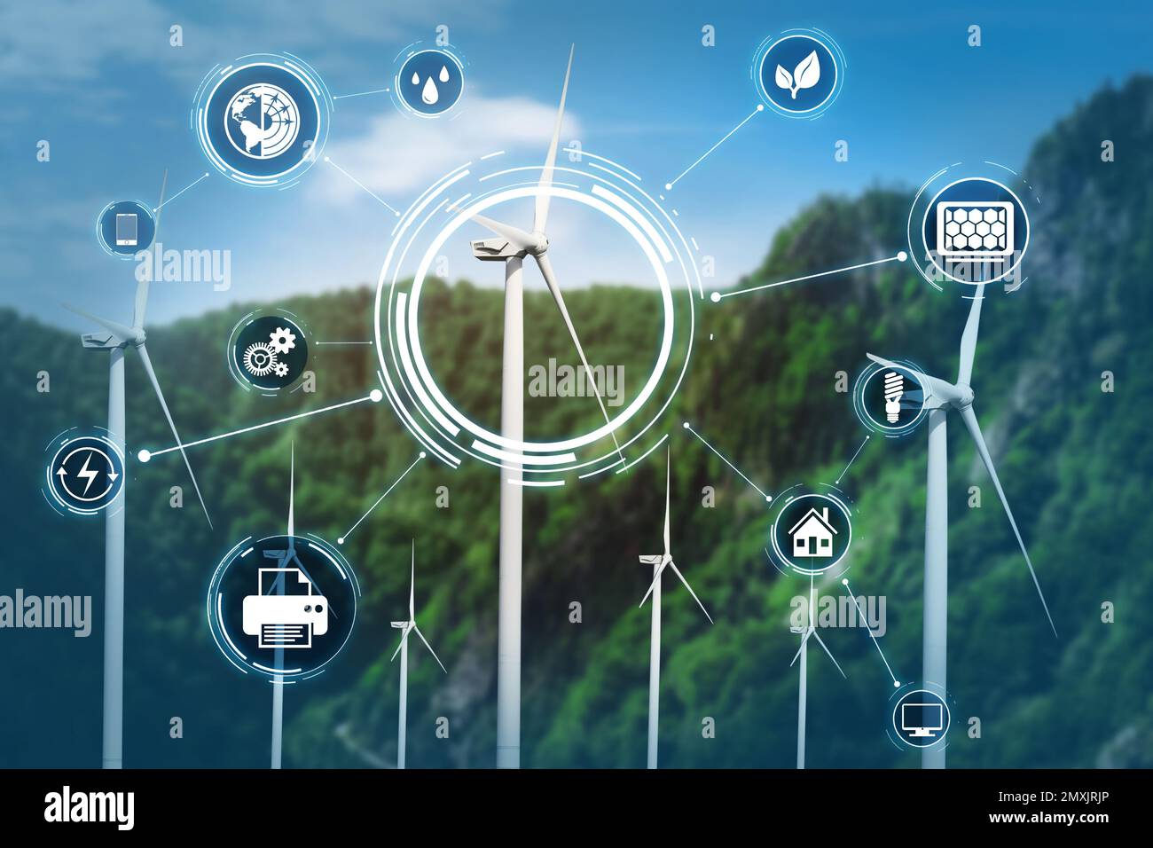 Alternative energy source. Wind turbines outdoors and scheme Stock ...