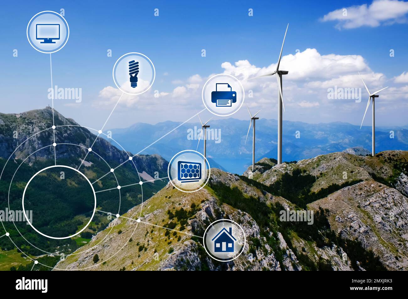 Alternative energy source. Wind turbines outdoors and scheme Stock ...