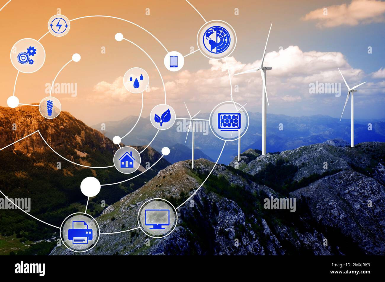 Alternative energy source. Wind turbines outdoors and scheme Stock ...