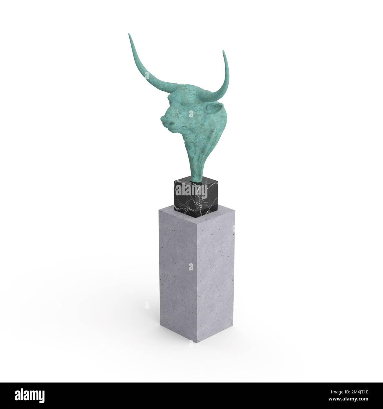 A 3D rendering of a blue bull sculpture on a stand isolated on a white ...