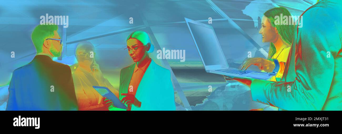 Multiple exposure of business people and building, view through thermal ...