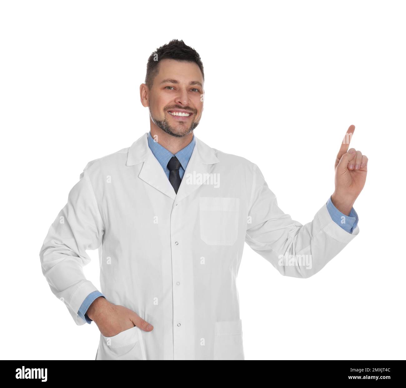 Happy man in lab coat on white background Stock Photo - Alamy