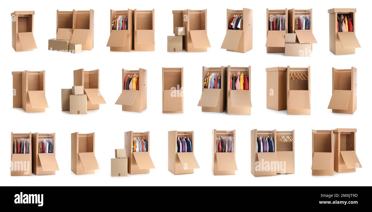 Set of cardboard wardrobe boxes on white background. Banner design ...