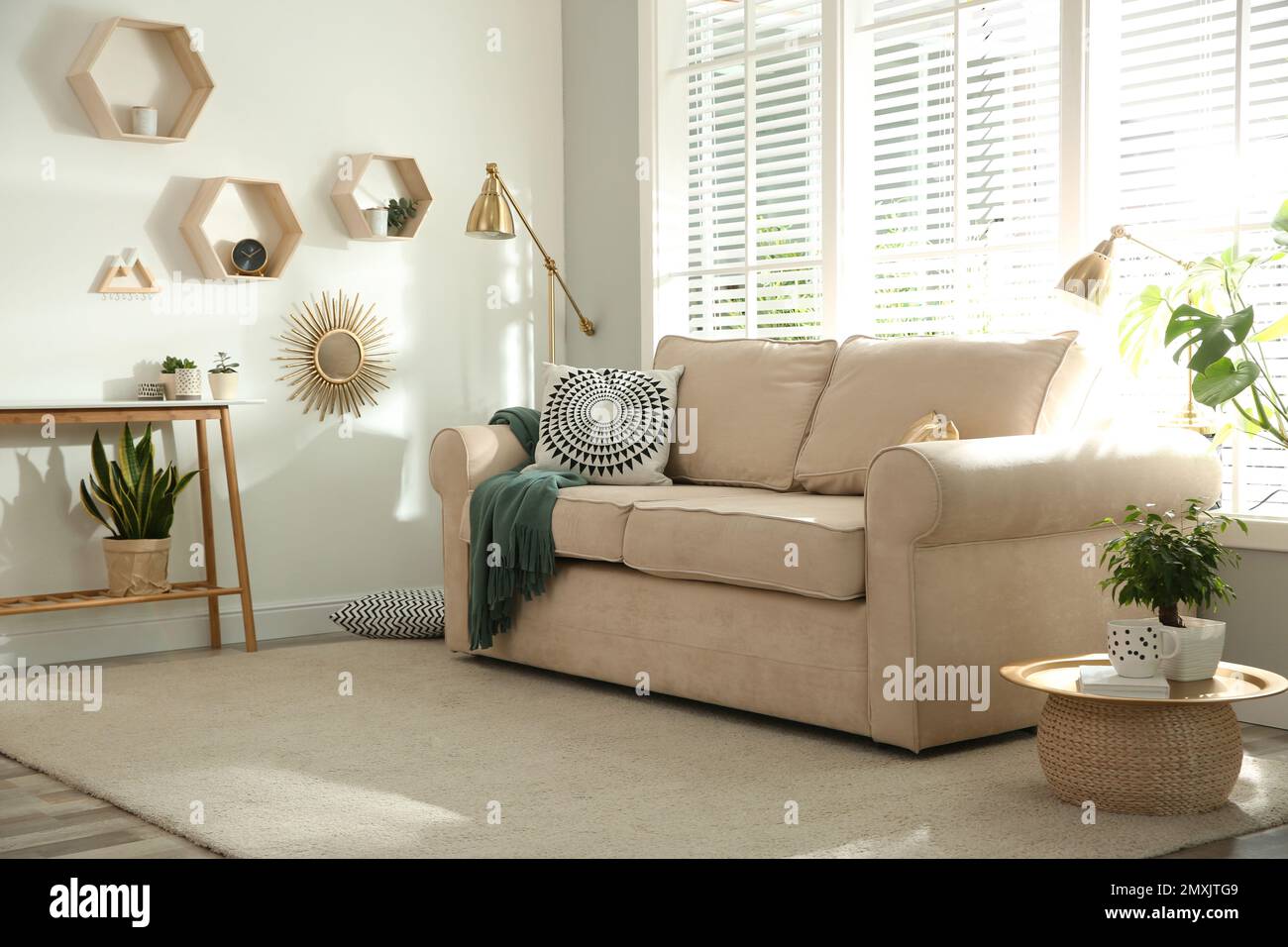 Stylish beige sofa in modern living room interior Stock Photo - Alamy