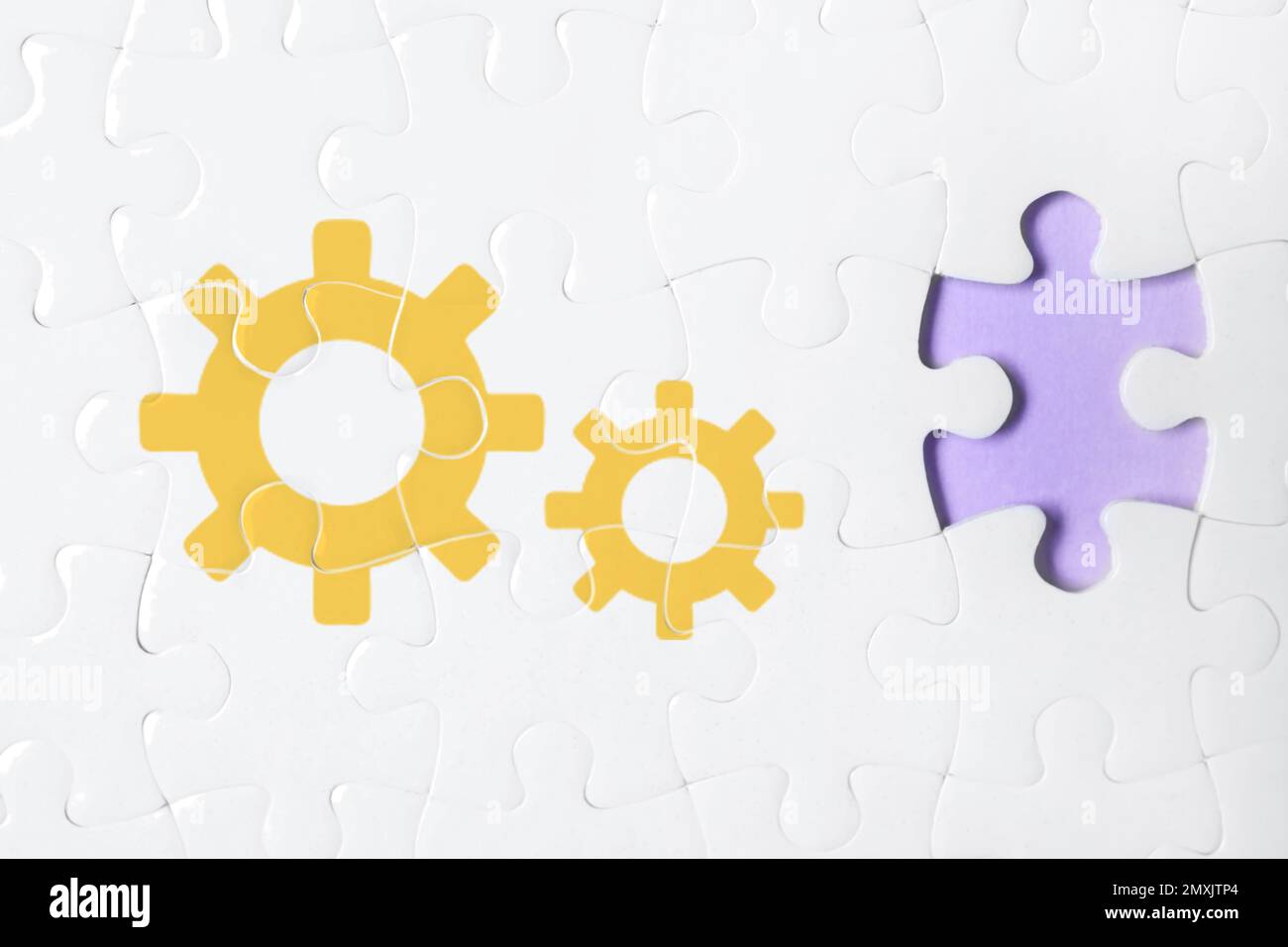 Teamwork concept. White puzzle with missing piece on violet background ...