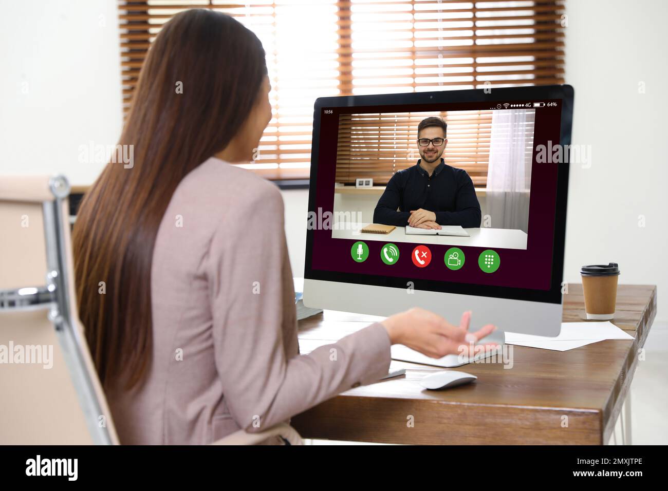 Distance learning, online school lesson. Girl studying at home during quarantine and lockdown ...