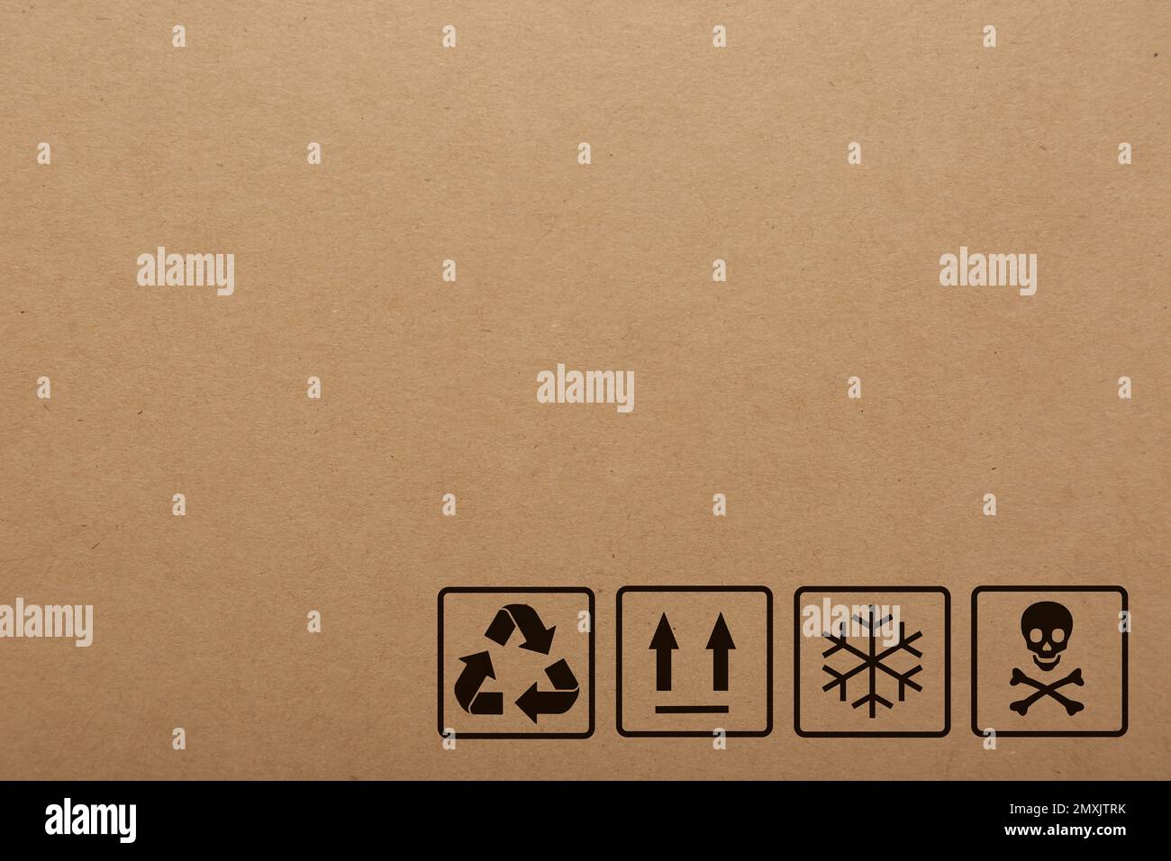 Cardboard box with packaging symbols as background, closeup Stock Photo ...