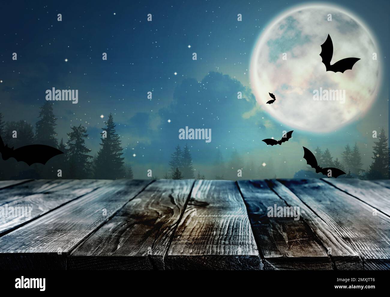 Wooden surface and bats flying in night sky with full moon. Halloween ...