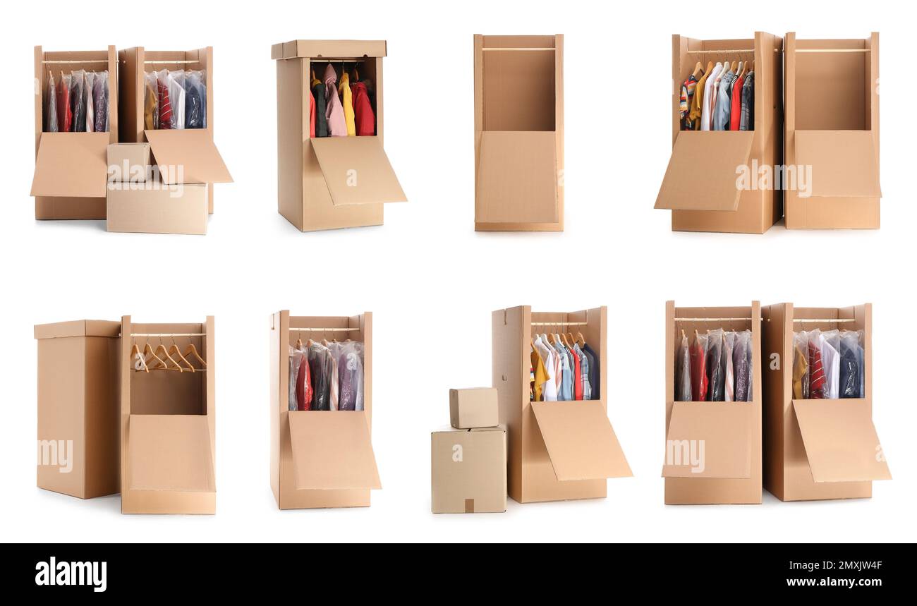 Set of cardboard wardrobe boxes on white background Stock Photo - Alamy