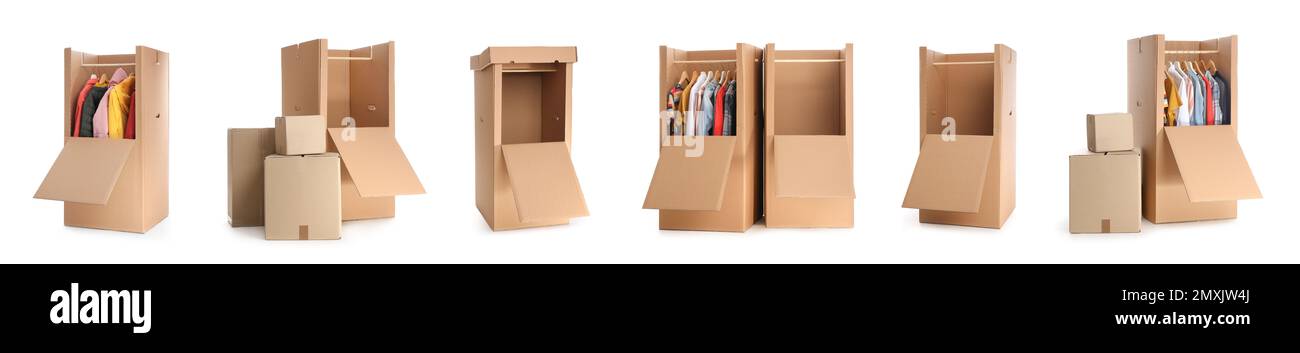 Set of cardboard wardrobe boxes on white background. Banner design ...