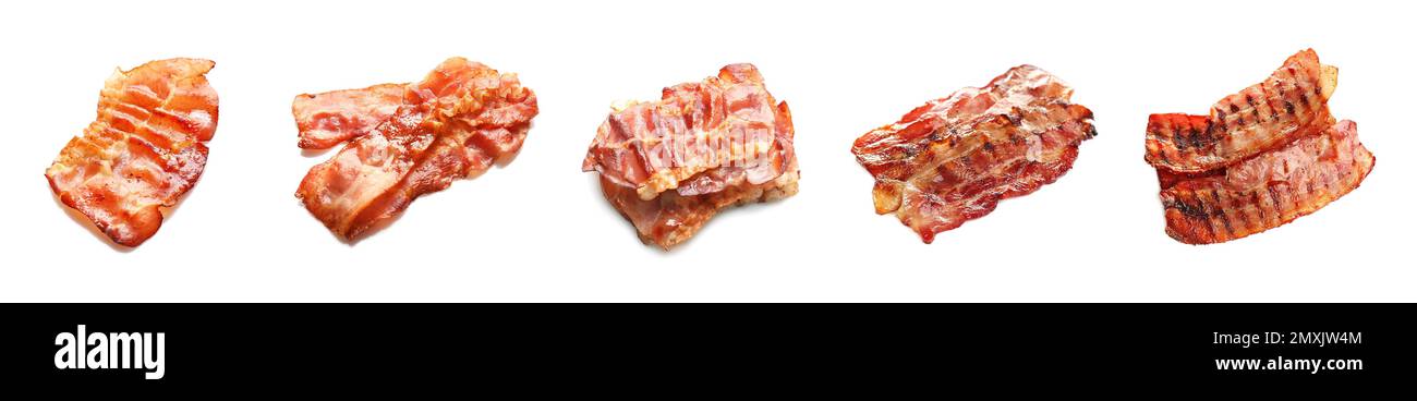 Set with tasty fried bacon slices on white background. Banner design ...