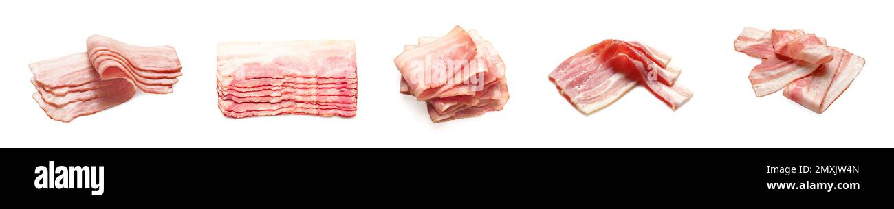 Set with bacon slices on white background. Banner design Stock Photo ...