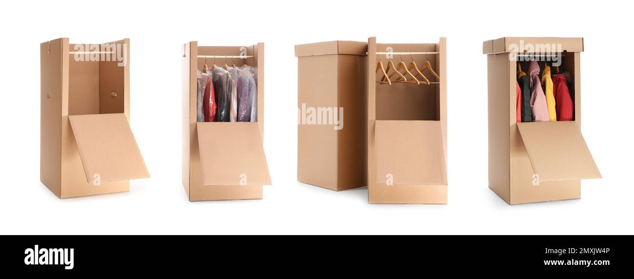 Set of cardboard wardrobe boxes on white background. Banner design ...