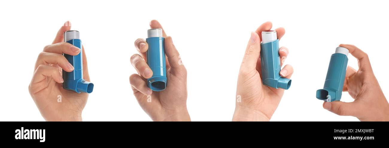 Collage with photos of people holding asthma inhalers on white ...