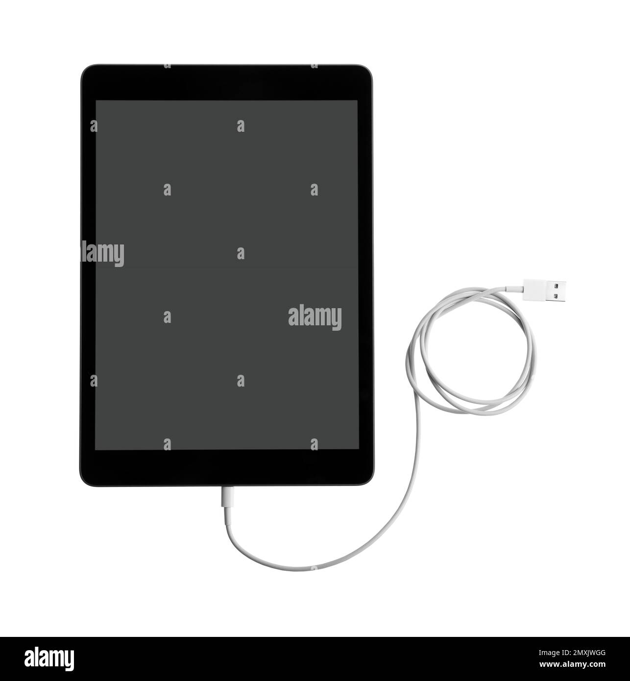 Tablet and USB charge cable on white background, top view Stock Photo ...