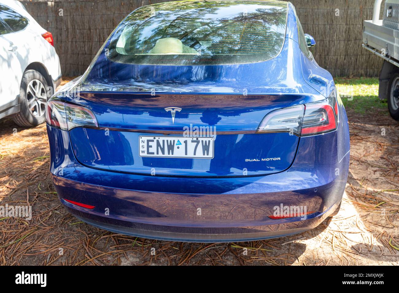2021 year Tesla model 3 blue EV car parked in Sydney, rear boot view ...