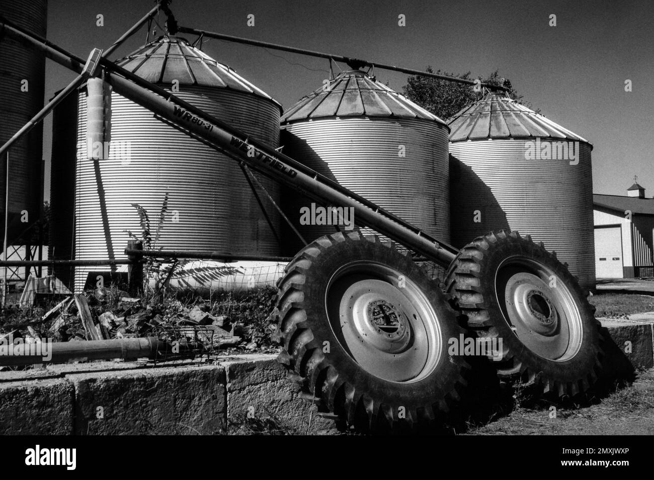 Three metal silos stand in a row in front of a white barn with to large ...