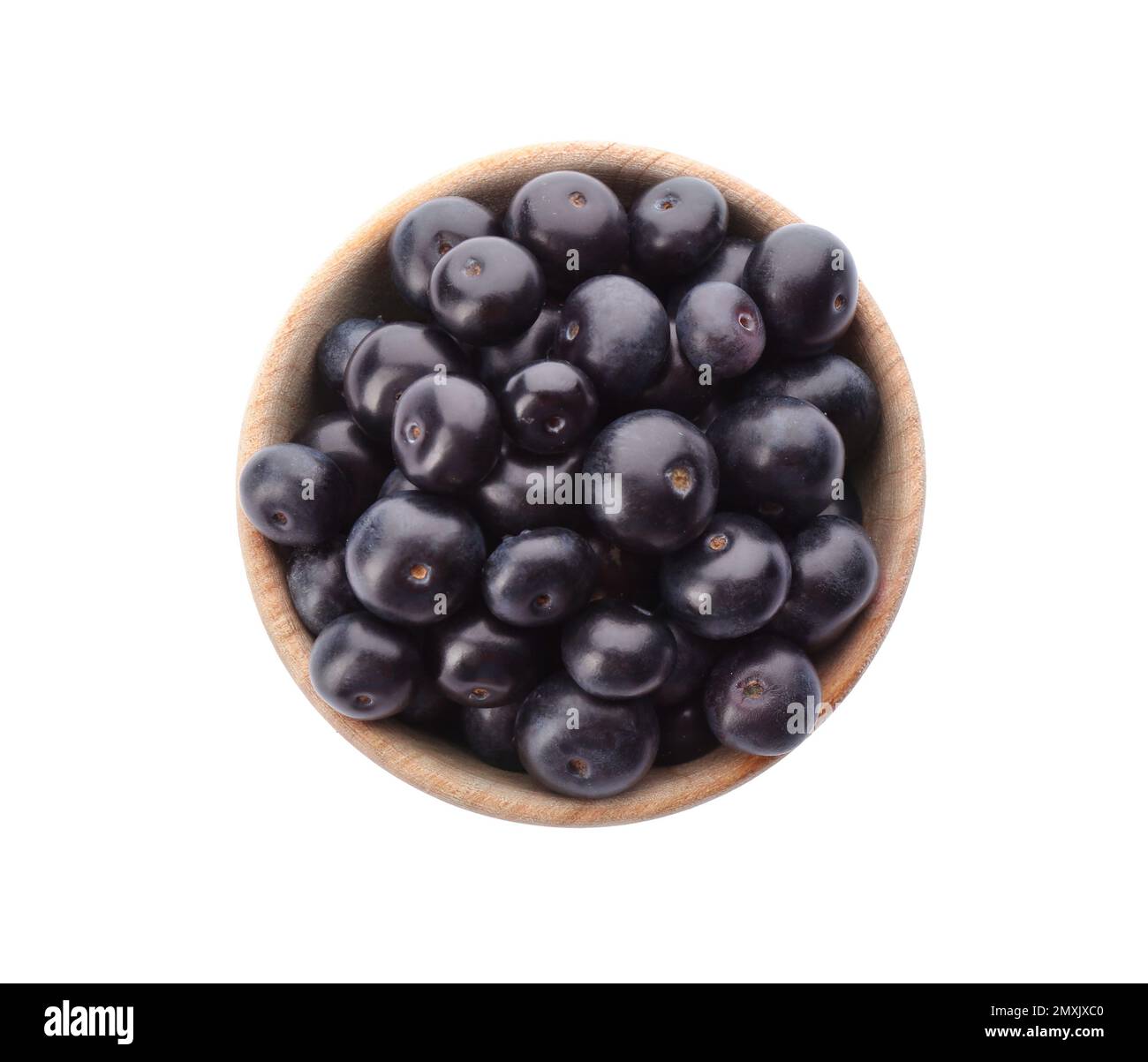 Fresh acai berries in bowl isolated on white, top view Stock Photo - Alamy