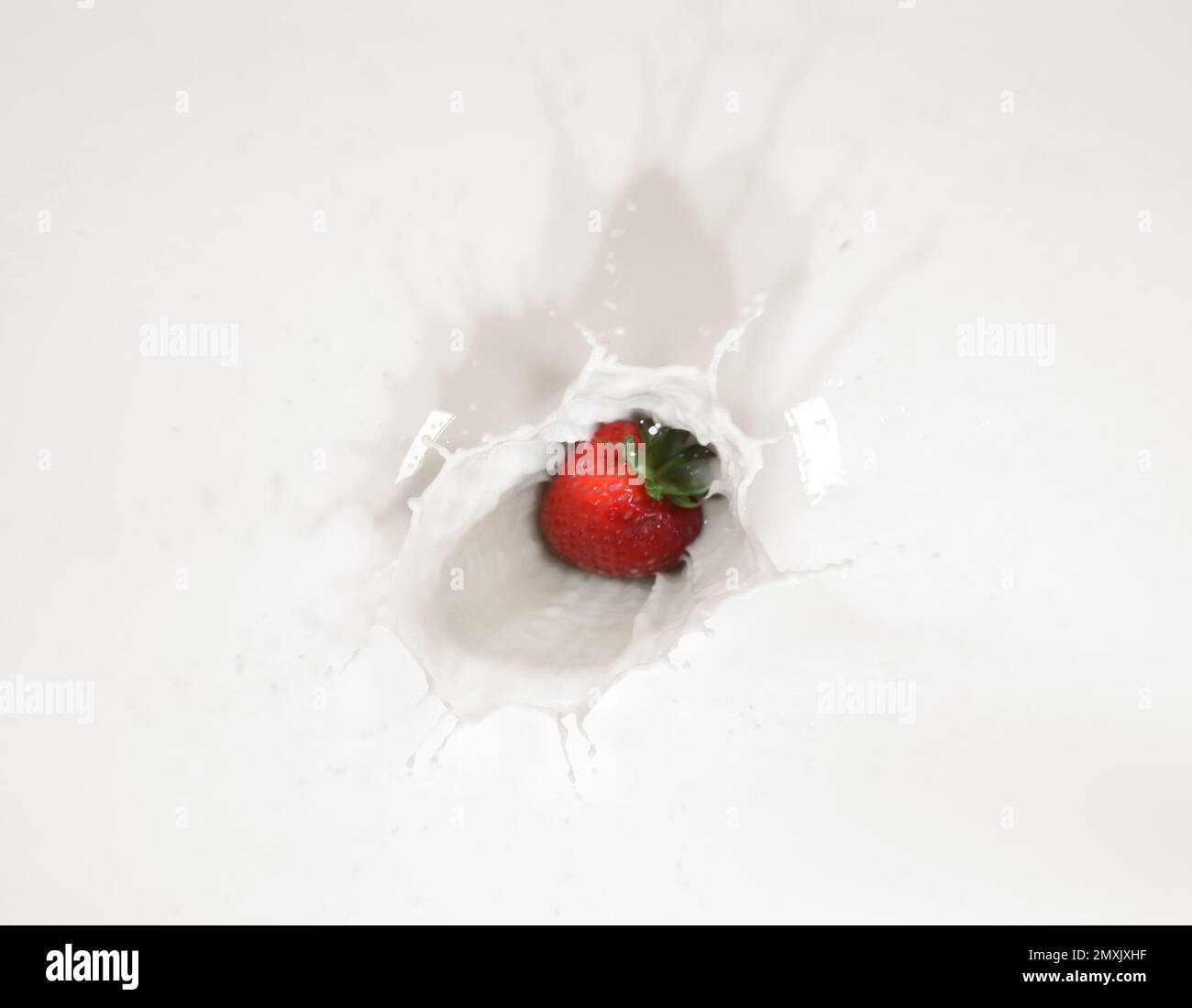 Strawberry falling in milk with splash, top view Stock Photo - Alamy