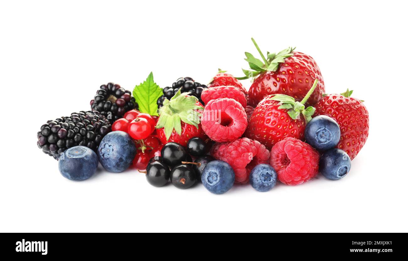 Pile of different ripe tasty berries isolated on white Stock Photo - Alamy