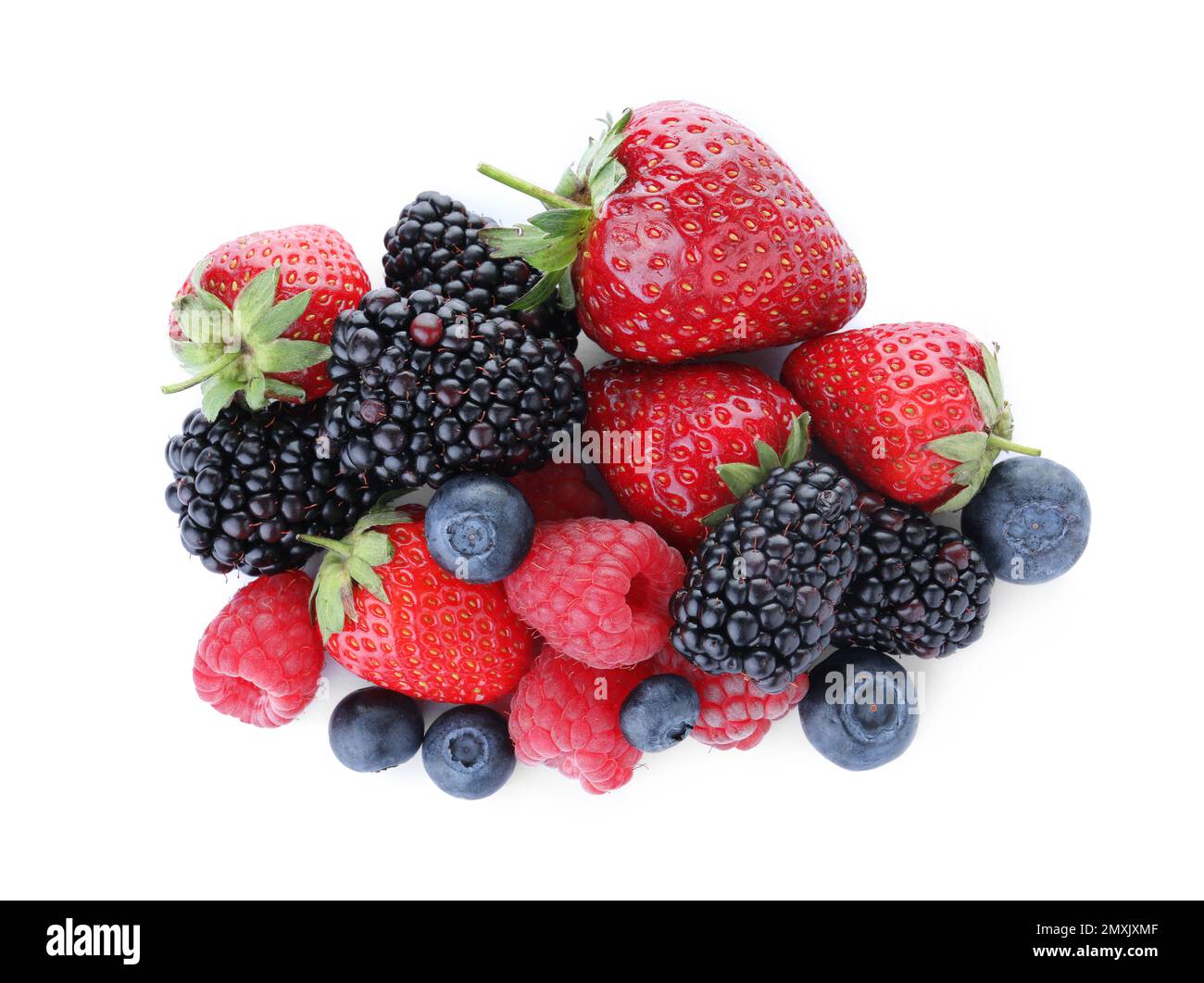 Pile of different ripe tasty berries isolated on white, top view Stock ...