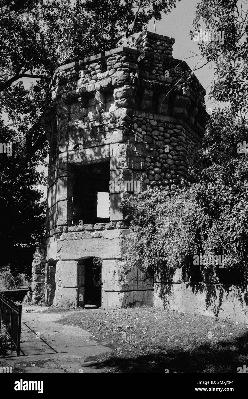 Exterior view of one of the stone towers at Bancroft Castle in Groton ...