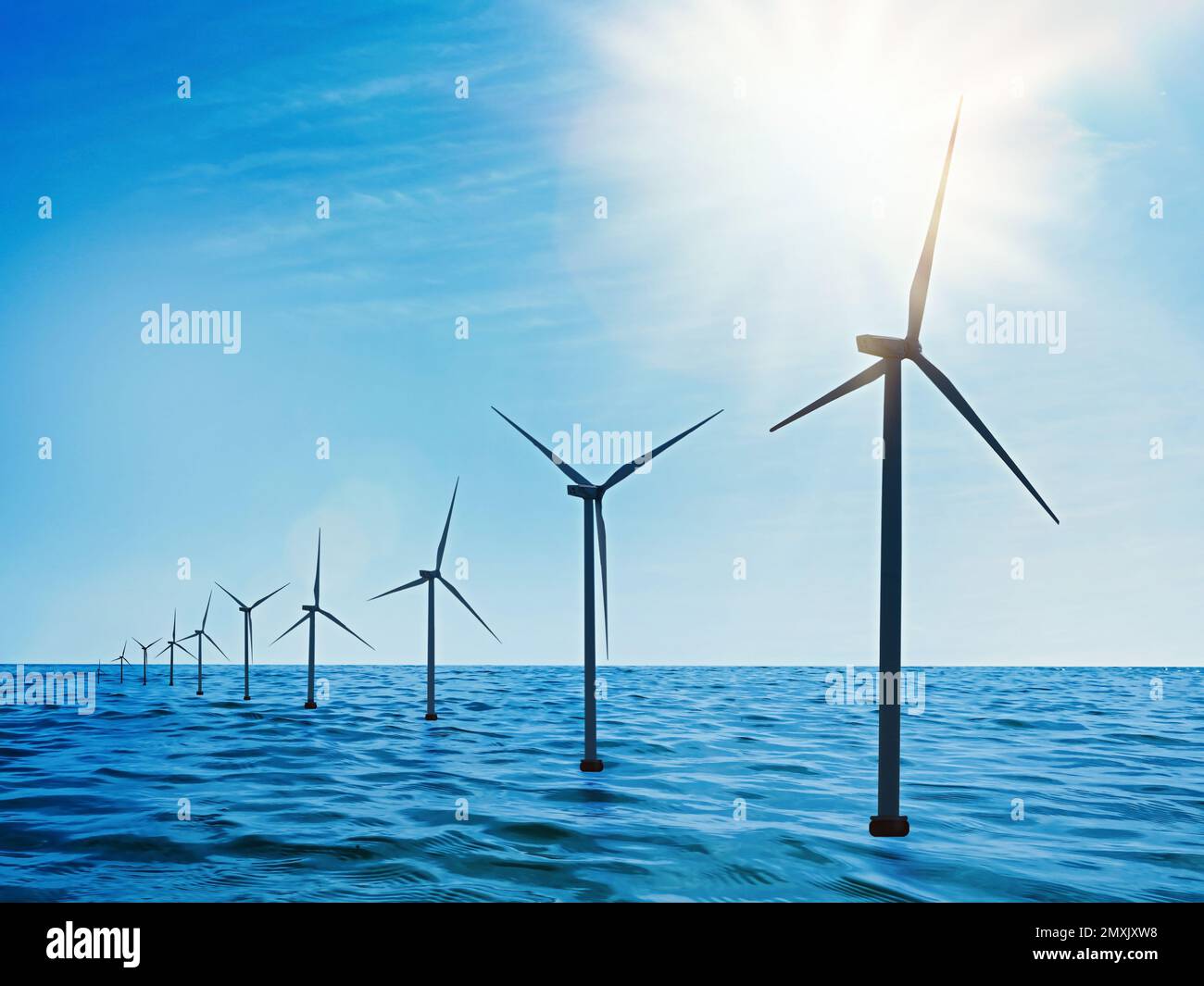 Floating wind turbines installed in sea. Alternative energy source ...