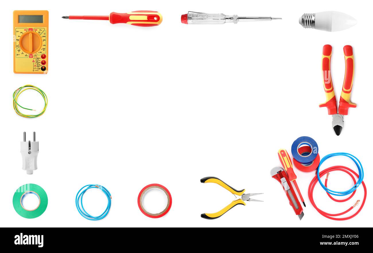 Frame of different electrician's tools and equipment on white ...