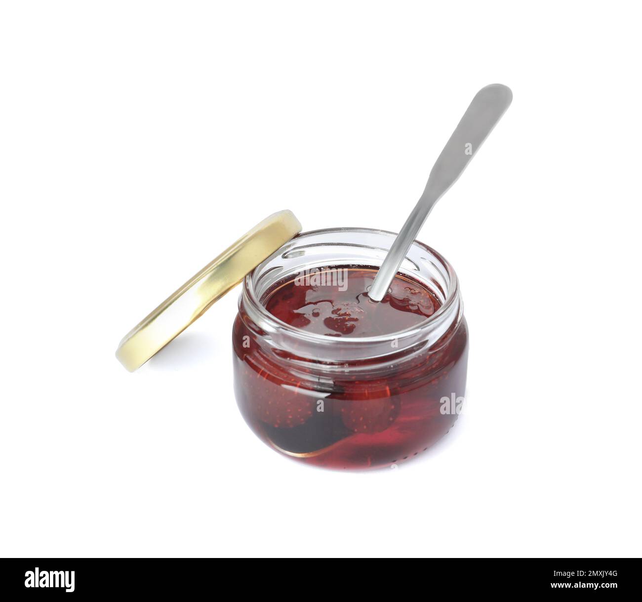 Delicious pickled strawberry jam in glass jar isolated on white Stock ...