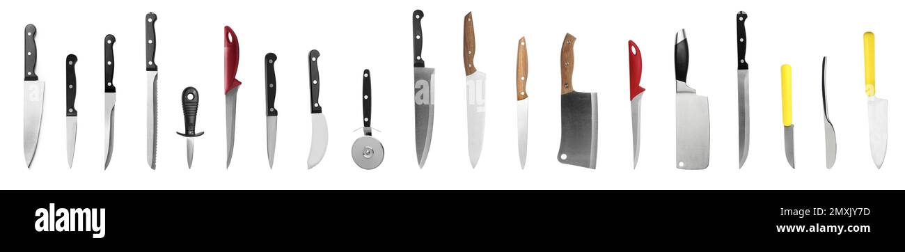 Set with different knives on white background, banner design. Cooking ...