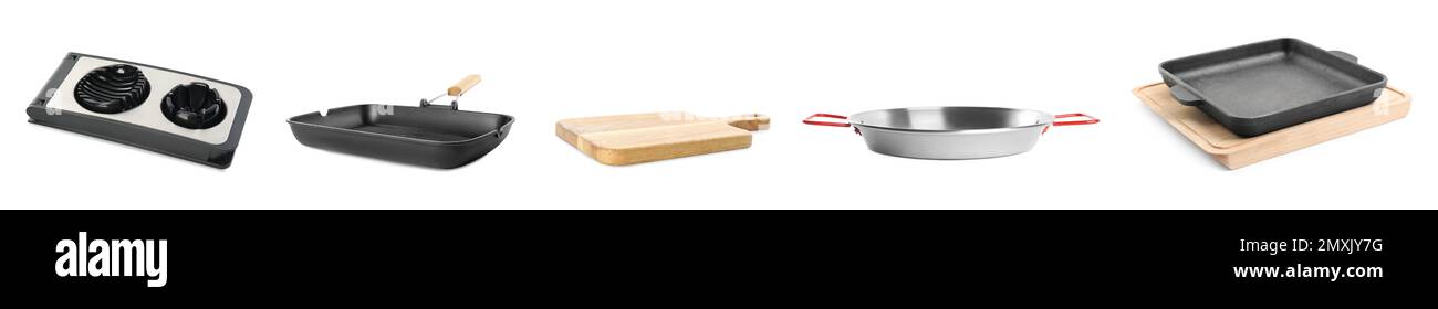 Set with different cooking utensils on white background, banner design ...
