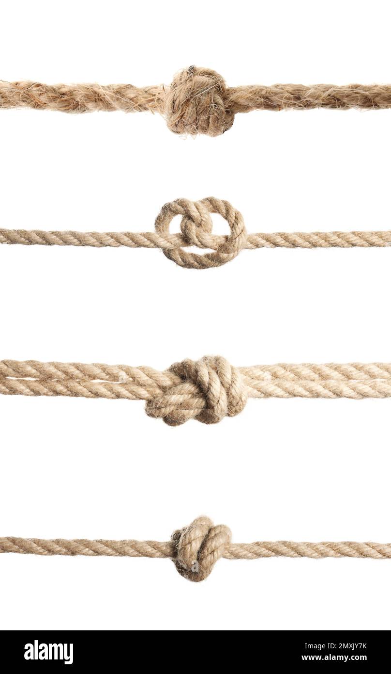 Set of hemp ropes with knots on white background Stock Photo - Alamy