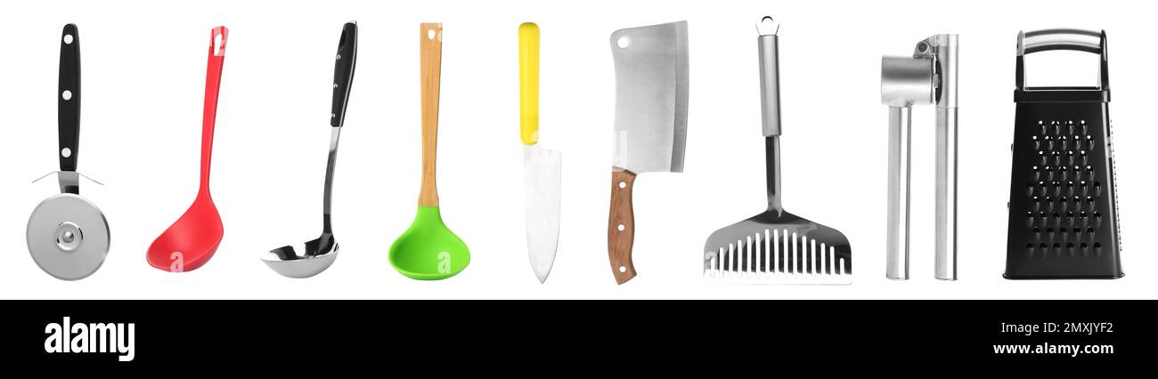 Set with different cooking utensils on white background, banner design ...