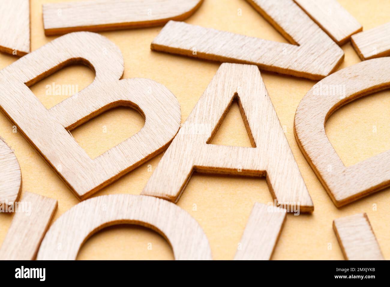 Set of letters of the alphabet in disorder, on yellow background, top ...