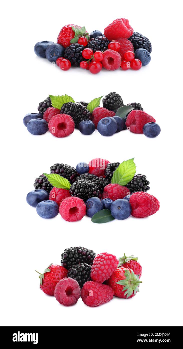 Set of different mixed berries on white background Stock Photo - Alamy